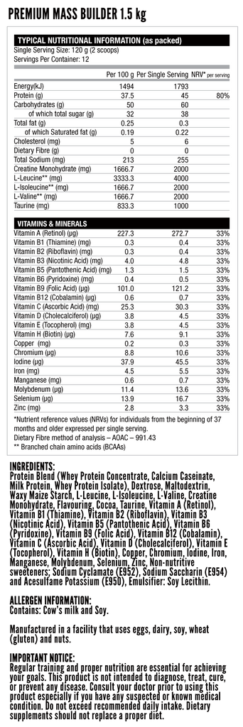 PREMIUM MASS BUILDER 1.5kg (12 SINGLE SERVINGS) – NUTRITECH Namibia Online